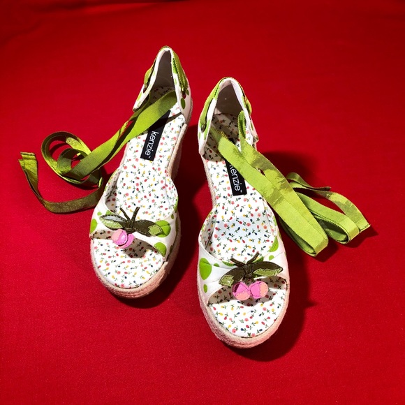 kenzie | Shoes | Kenzie Polka Dot White Pink Green Wedge Tie Heel 6 ...